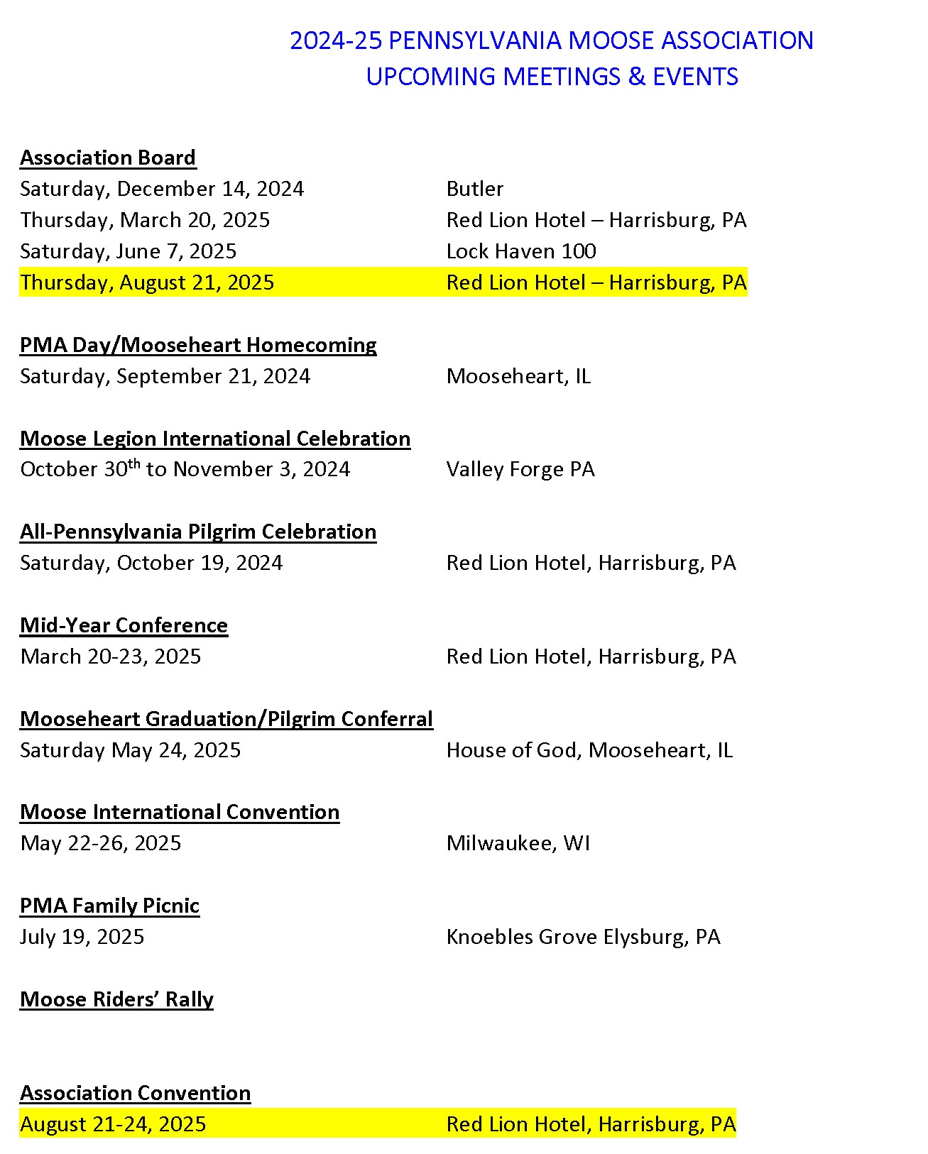 2024 – 2025 Schedule